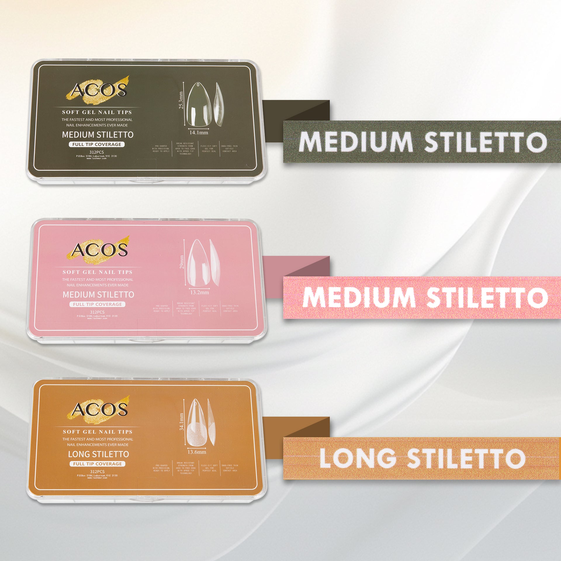 ACOS Soft Gel Nail Tips (Full Tip Coverage) - STILETTO Shape (312pcs/box) | Lashmer